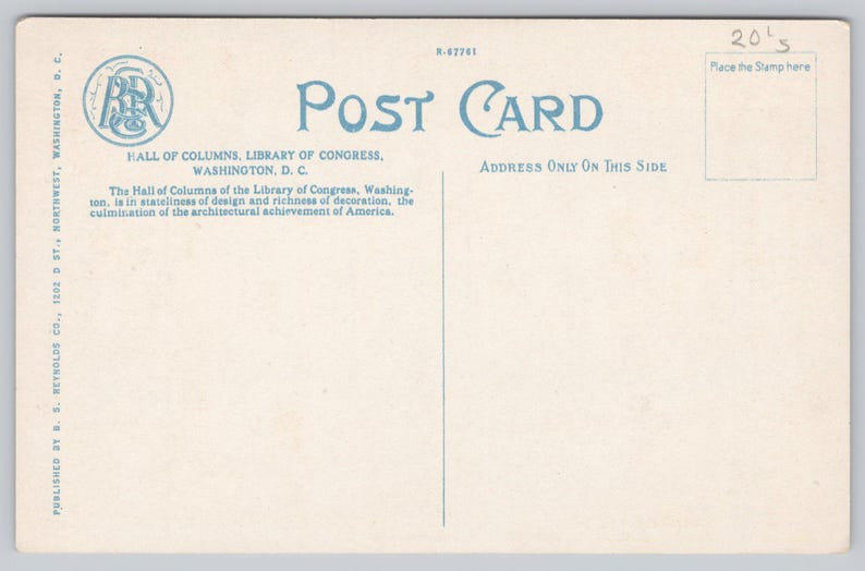 Antique Postcard, Hall of Columns, Library of Congress, Washington DC ...