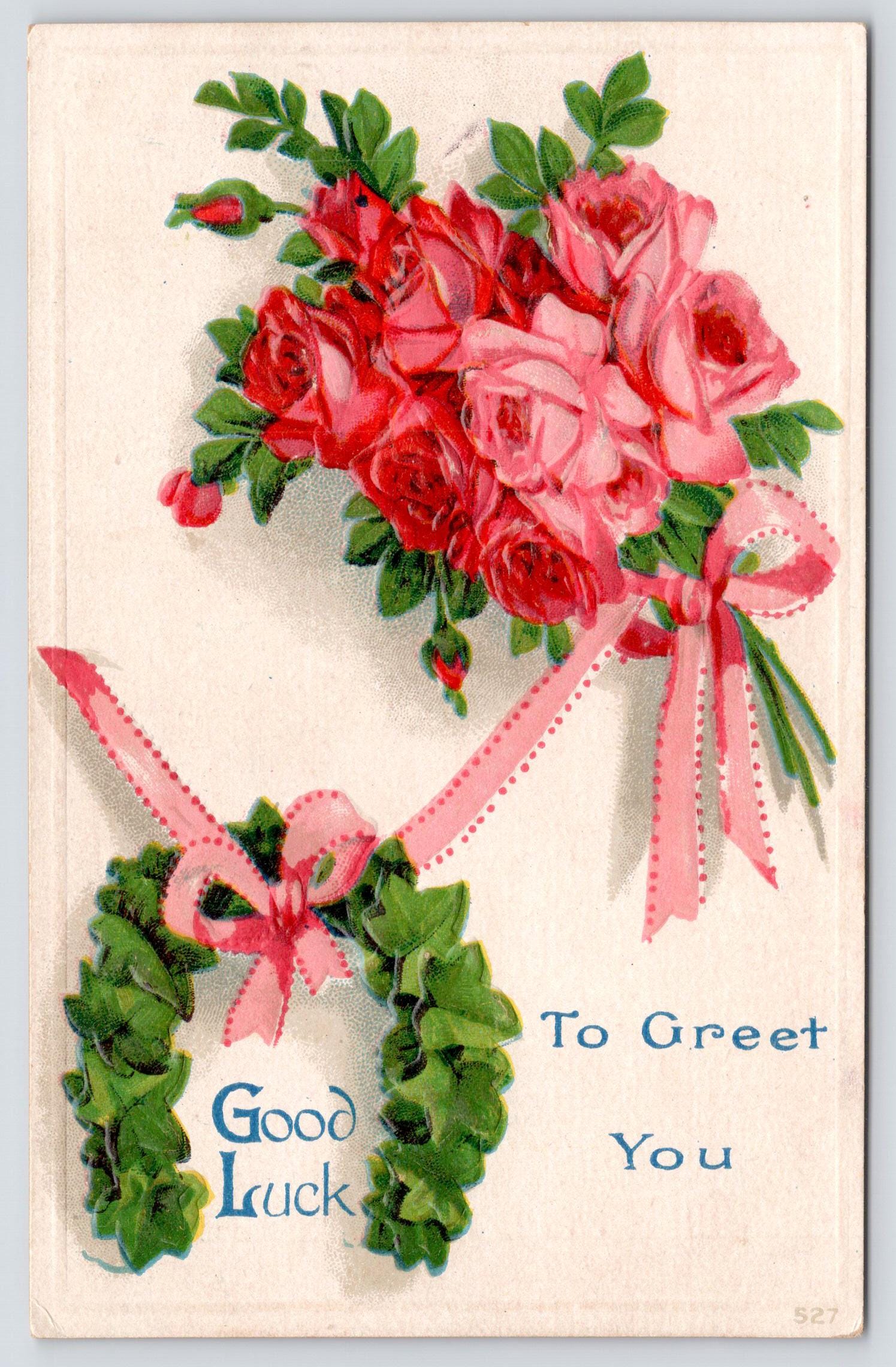 Antique Postcard, Good Luck, to Greet You, Pink Roses Bouquet, 1910s ...