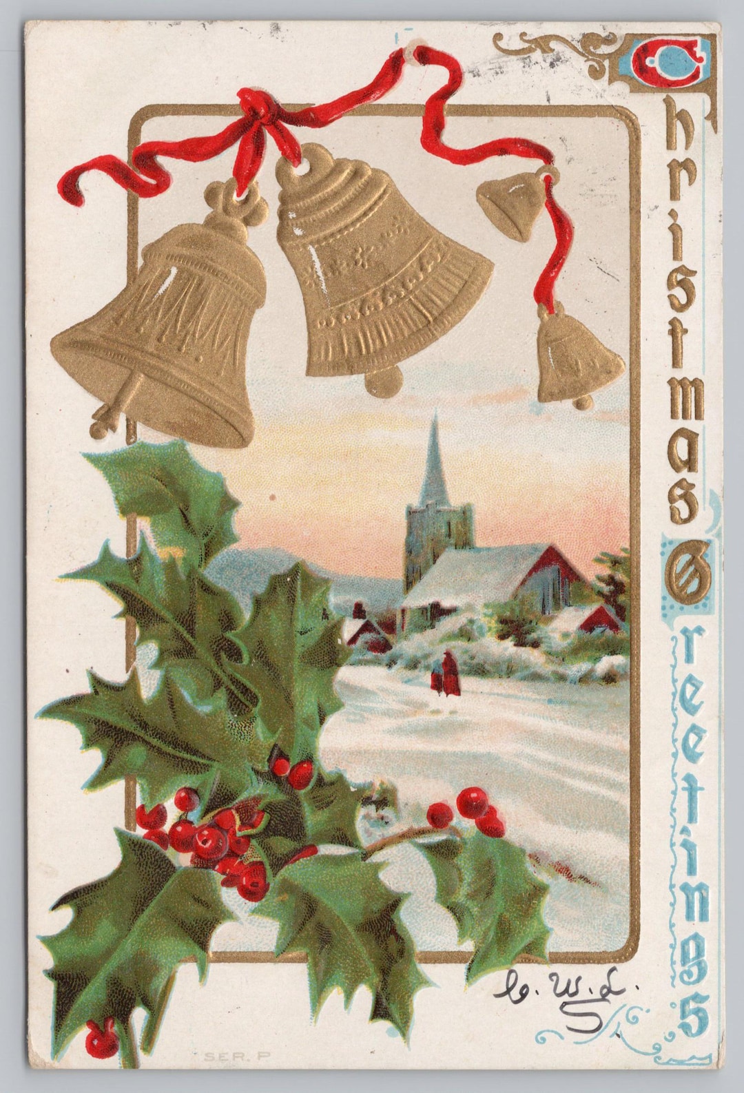 Antique Postcard, Christmas Greetings, Holly, Christmas Bells, & Snow ...