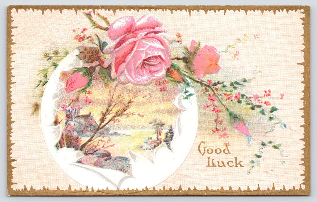 Antique Postcard, Good Luck, Pink Flowers & Landscape, 1910s Embossed ...