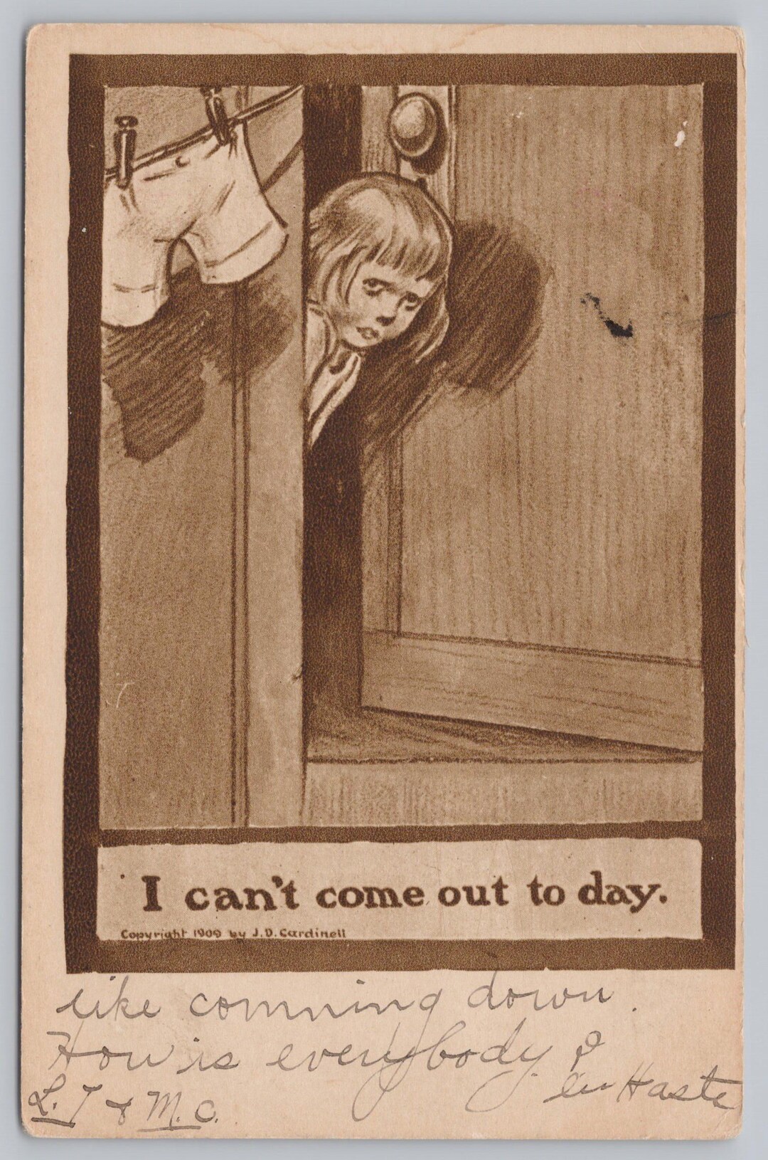 Antique Postcard, Sad Little Girl, I Can't Come Out Today, DB Divided ...