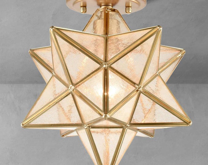 Iscia Modern Brass Moravian Star Ceiling Light With Seeded Glass 12 ...