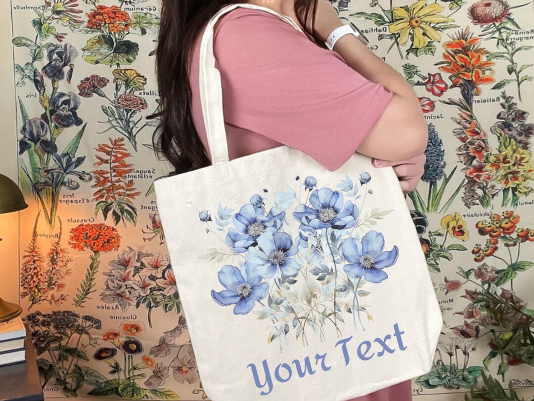 Custom Tote Bag With Blue Flower Cotton Canvas - Etsy