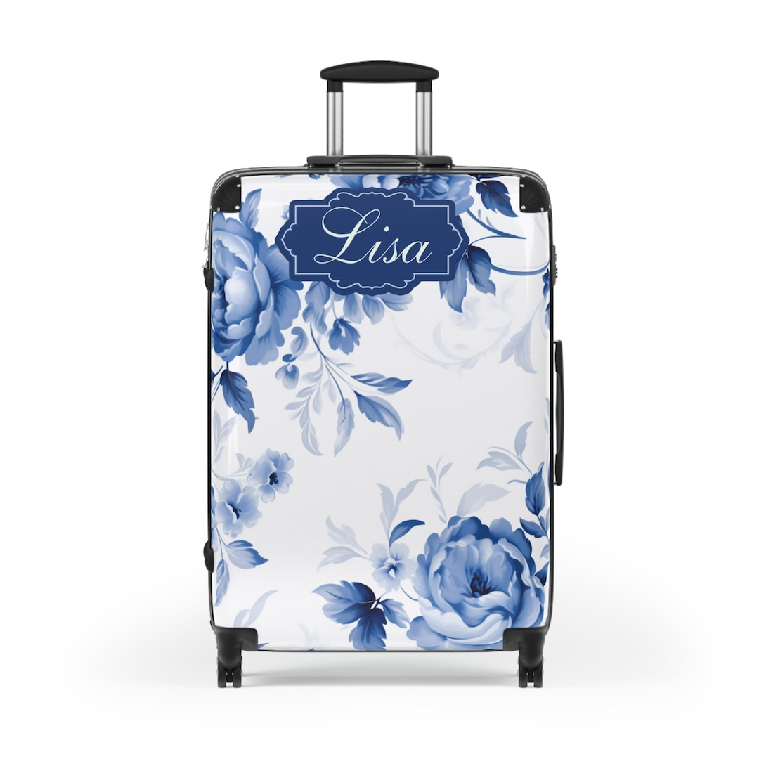 Custom Floral Toile Suitcase: Personalized Blue Frame, Elegant Travel ...