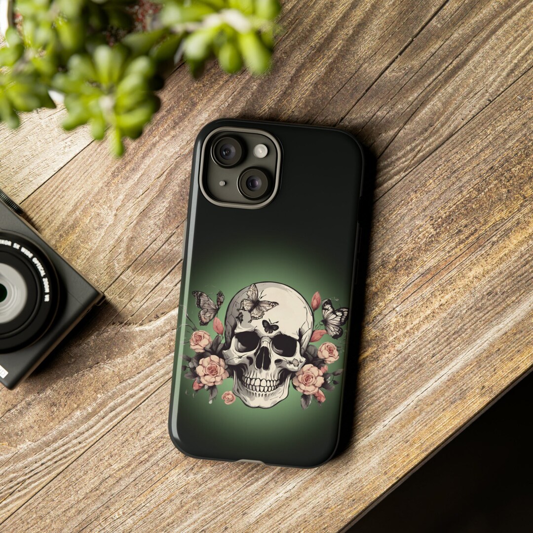 Skull With Butterflies and Flowers Phone Case, Tough Case, Skull Case ...
