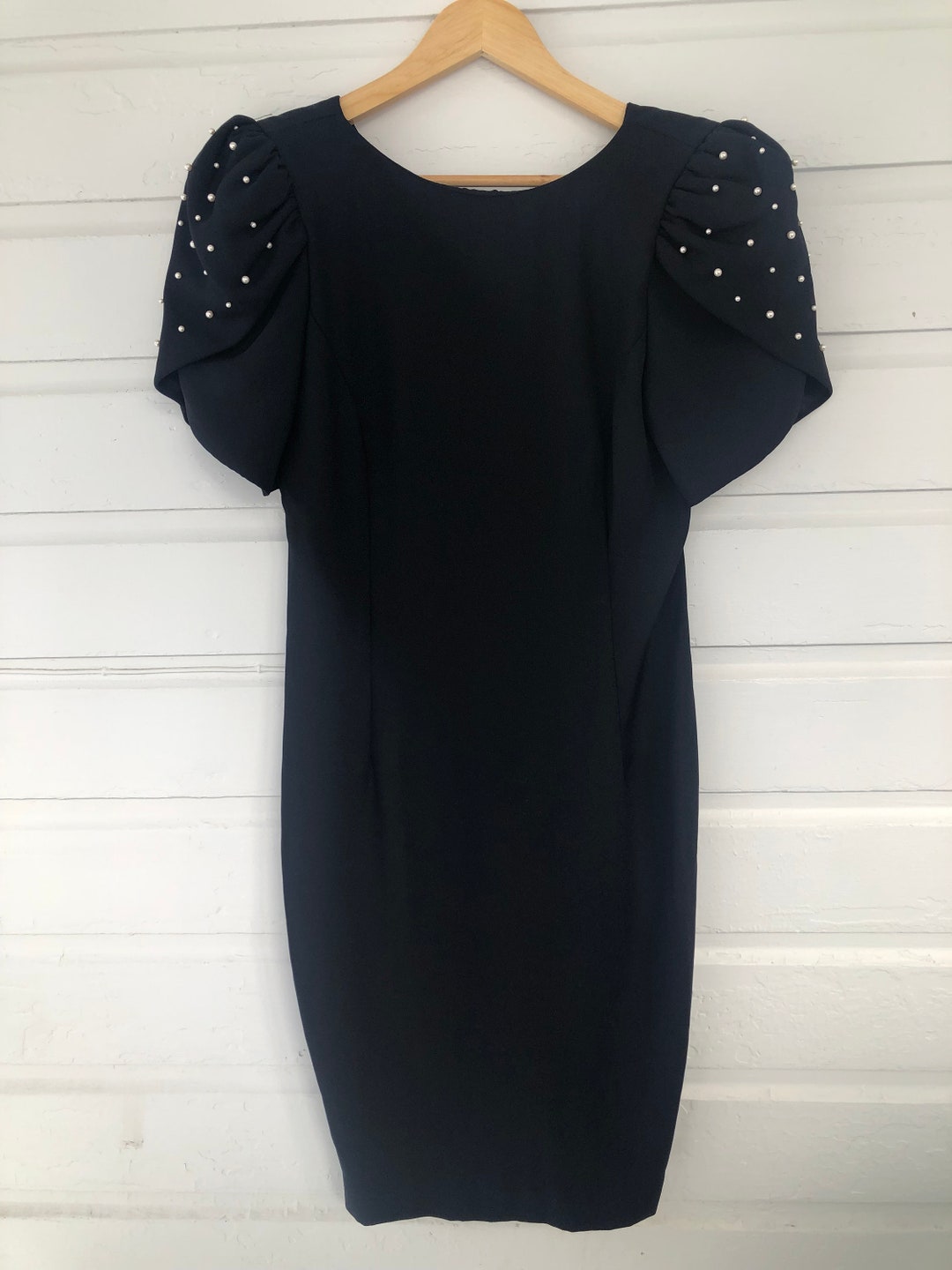 Vintage 1980's Michael Marcella Black Dress W/pearl Puffy Sleeves Size ...