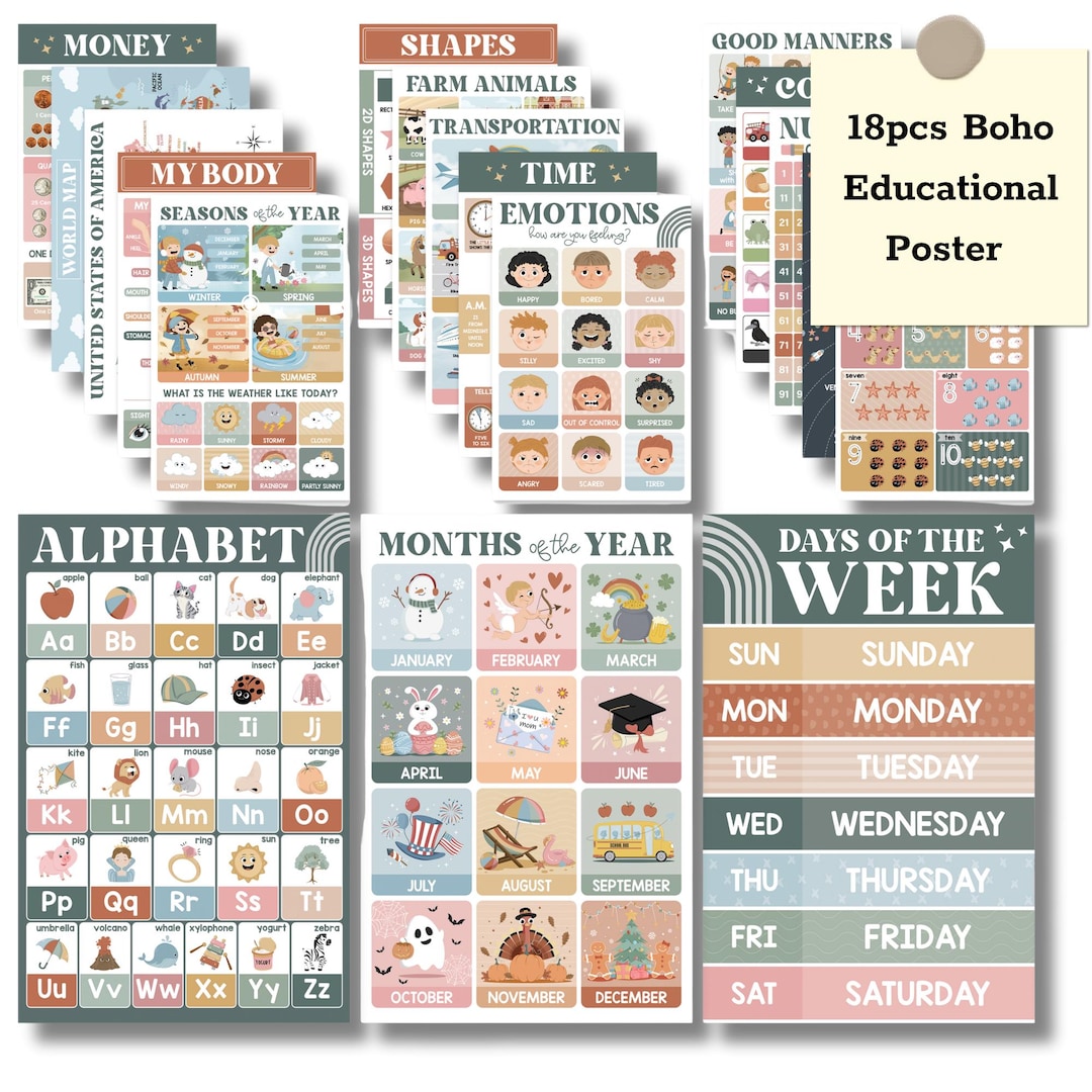 18pcs Boho Educational Posters for Toddlers – Laminated Preschool Wall ...