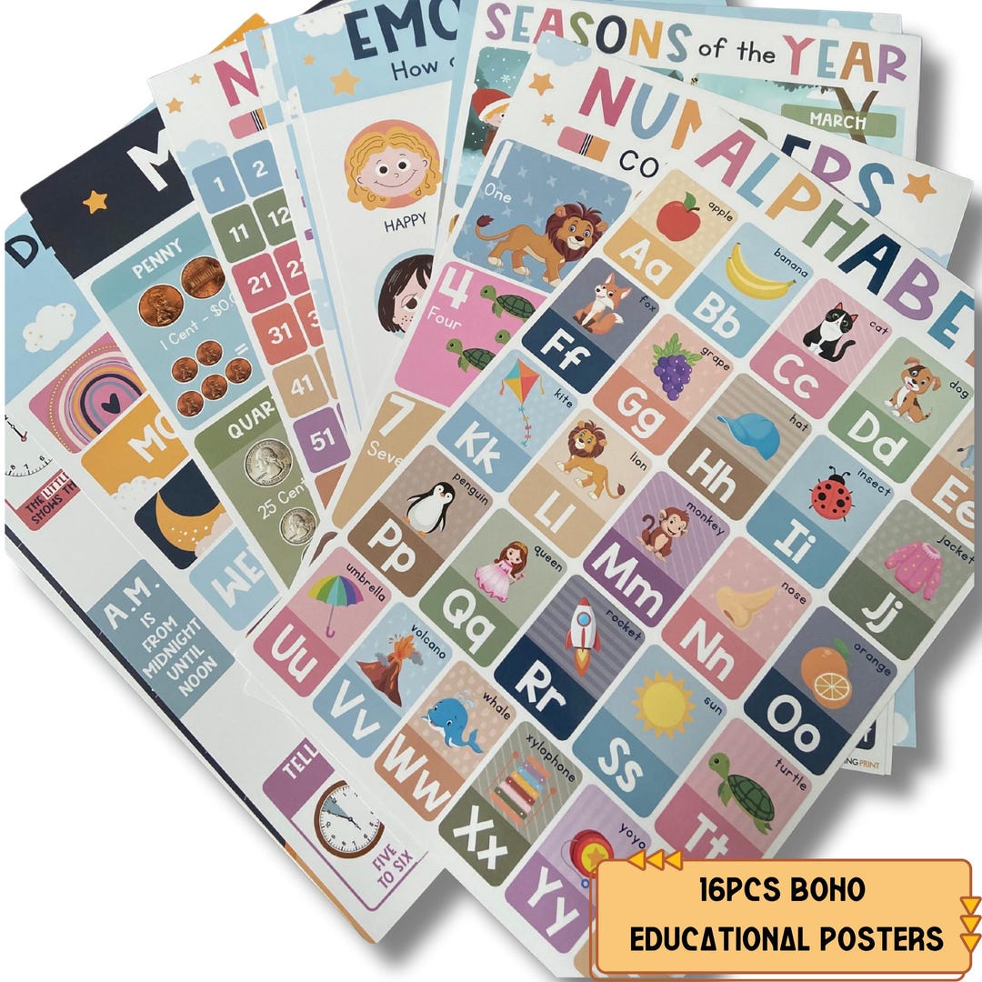 16PCS Boho Educational Posters Set for Toddlers | Calm Learning Charts ...