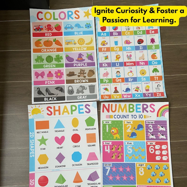 4pcs Educational Posters Set – Alphabet, Numbers, Colors & Shapes ...