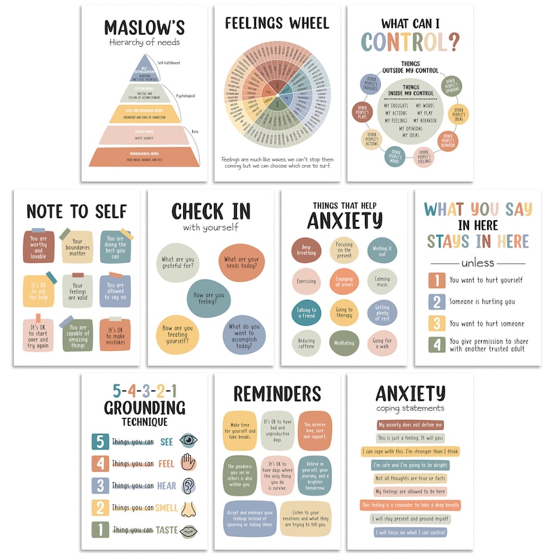 10pcs Multicolor Mental Health Posters – Therapy Office, Counseling ...