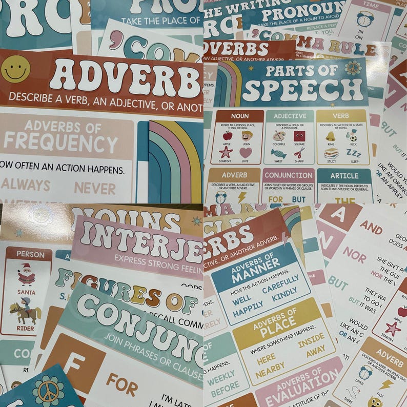 15PCS Boho Groovy Parts of Speech Posters | 11x17 Laminated English ...