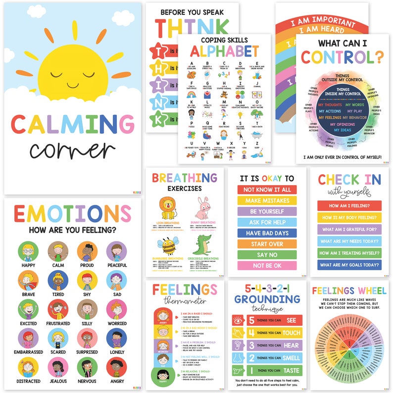 Calming Corner Classroom Posters, Set 12 Calm Down Corner Supplies for ...