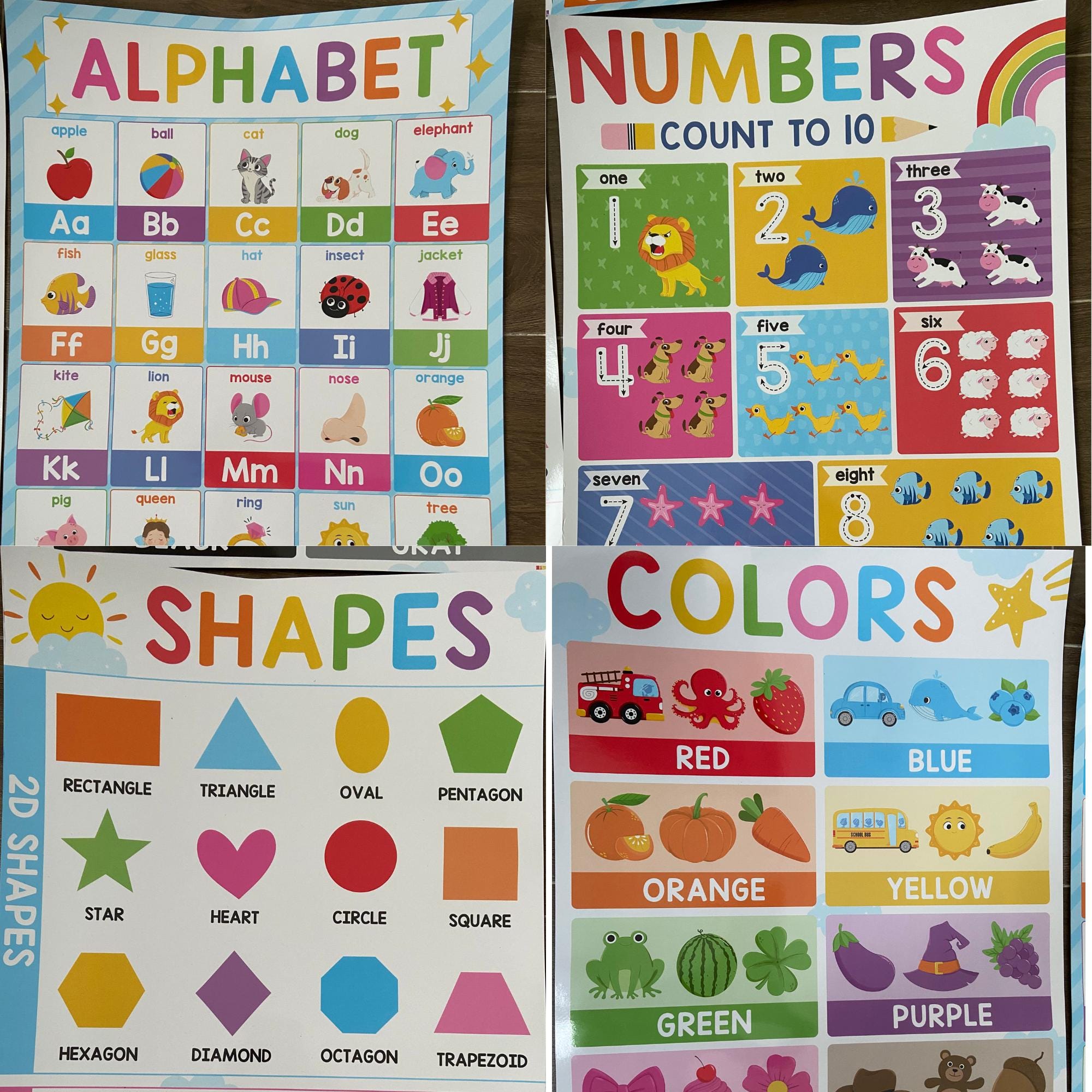 4pcs Educational Posters Set – Alphabet, Numbers, Colors & Shapes ...