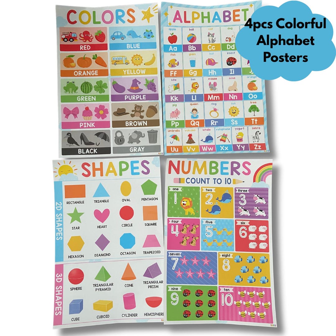 4pcs Educational Posters Set – Alphabet, Numbers, Colors & Shapes ...