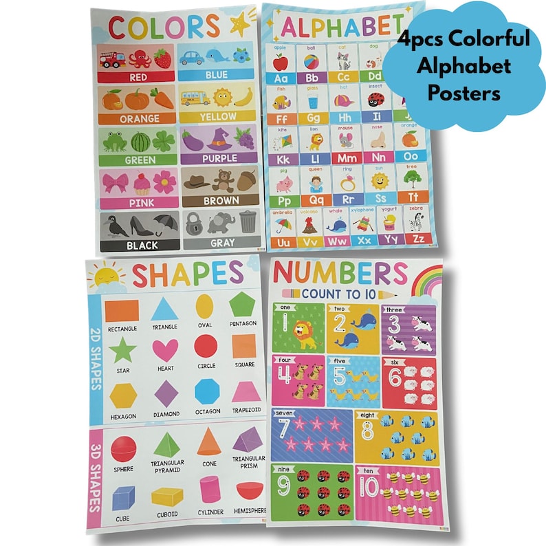 4pcs Educational Posters Set – Alphabet, Numbers, Colors & Shapes ...