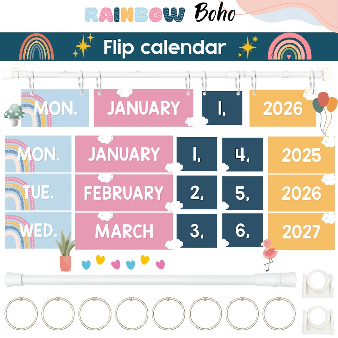 Rainbow Flip Calendar – Boho Classroom & Homeschool Learning Tool With ...