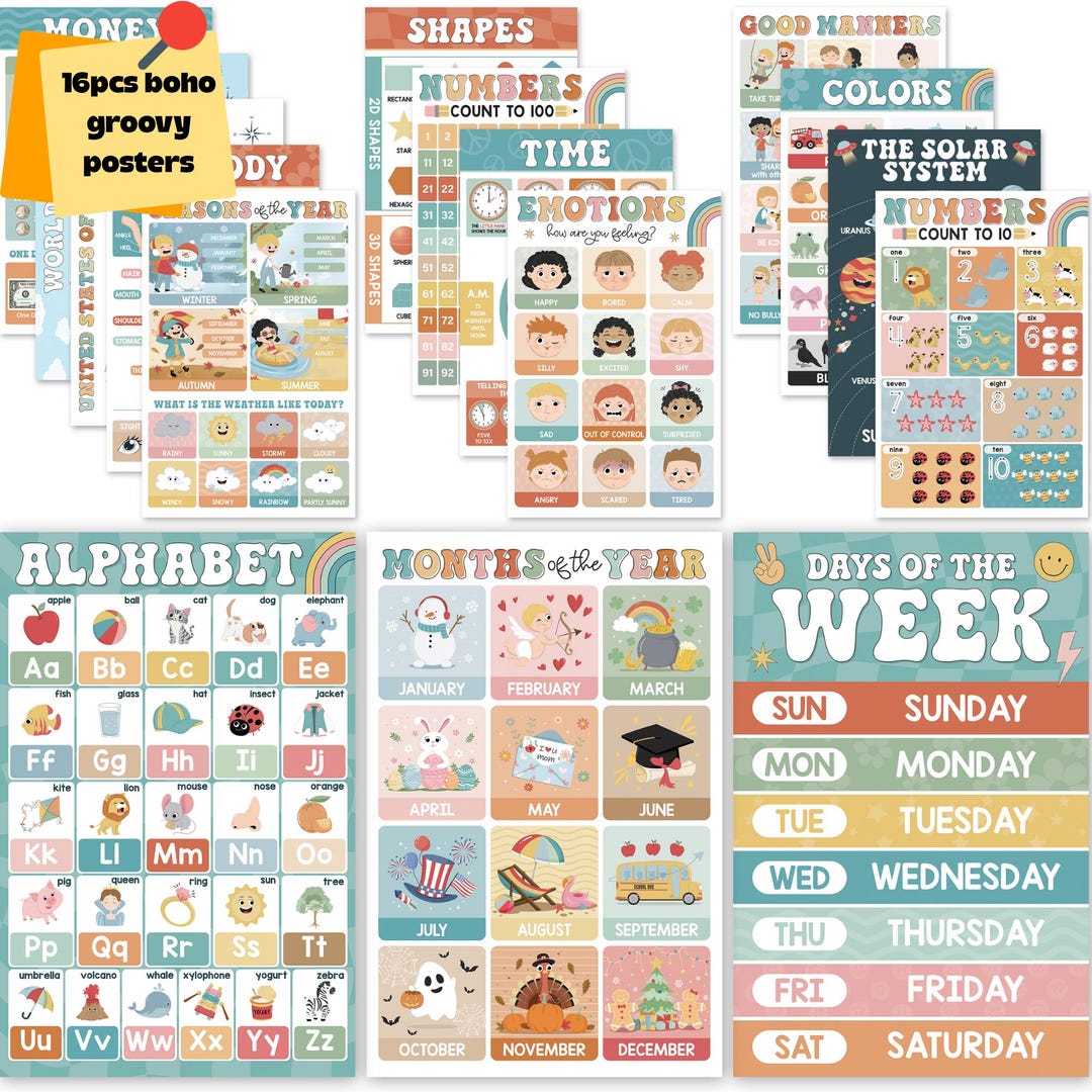 16pcs Boho Groovy Learning Posters – Laminated Educational Charts for ...