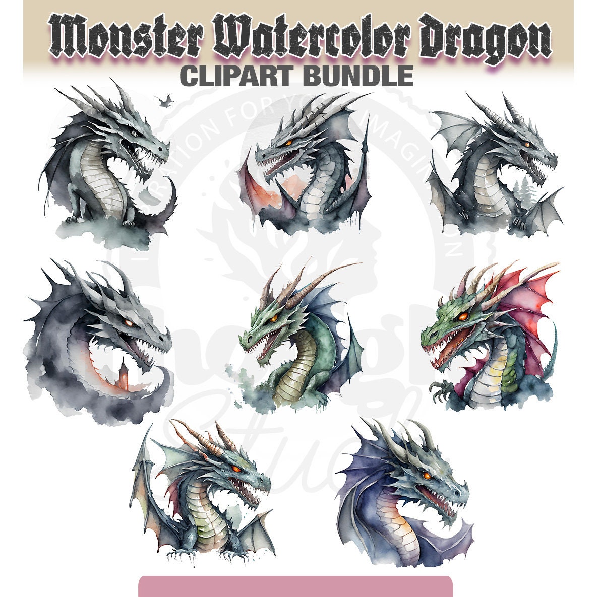 BUNDLE Monster Watercolor Dragon Clipart, Fantasy Dragons Png, Magical ...