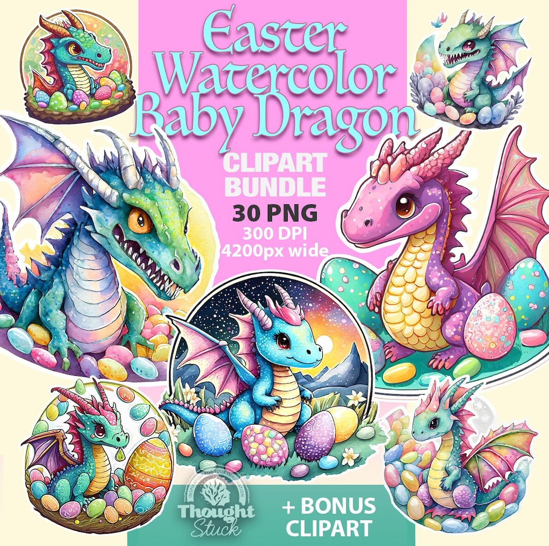 Easter Watercolor Baby Dragon Sticker, Large Bundle PNG, Easter Egg ...