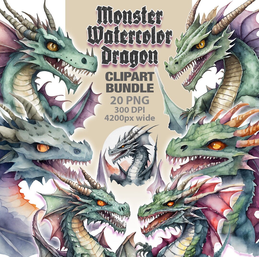 BUNDLE Monster Watercolor Dragon Clipart, Fantasy Dragons Png, Magical ...