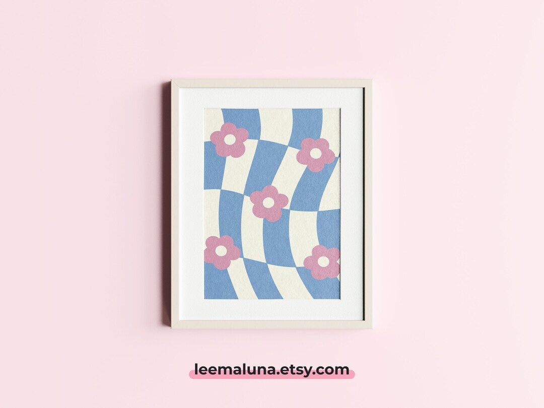 Blue and Pink Retro Flowers Art Print, Printable Wall Art, Cozy Prints ...
