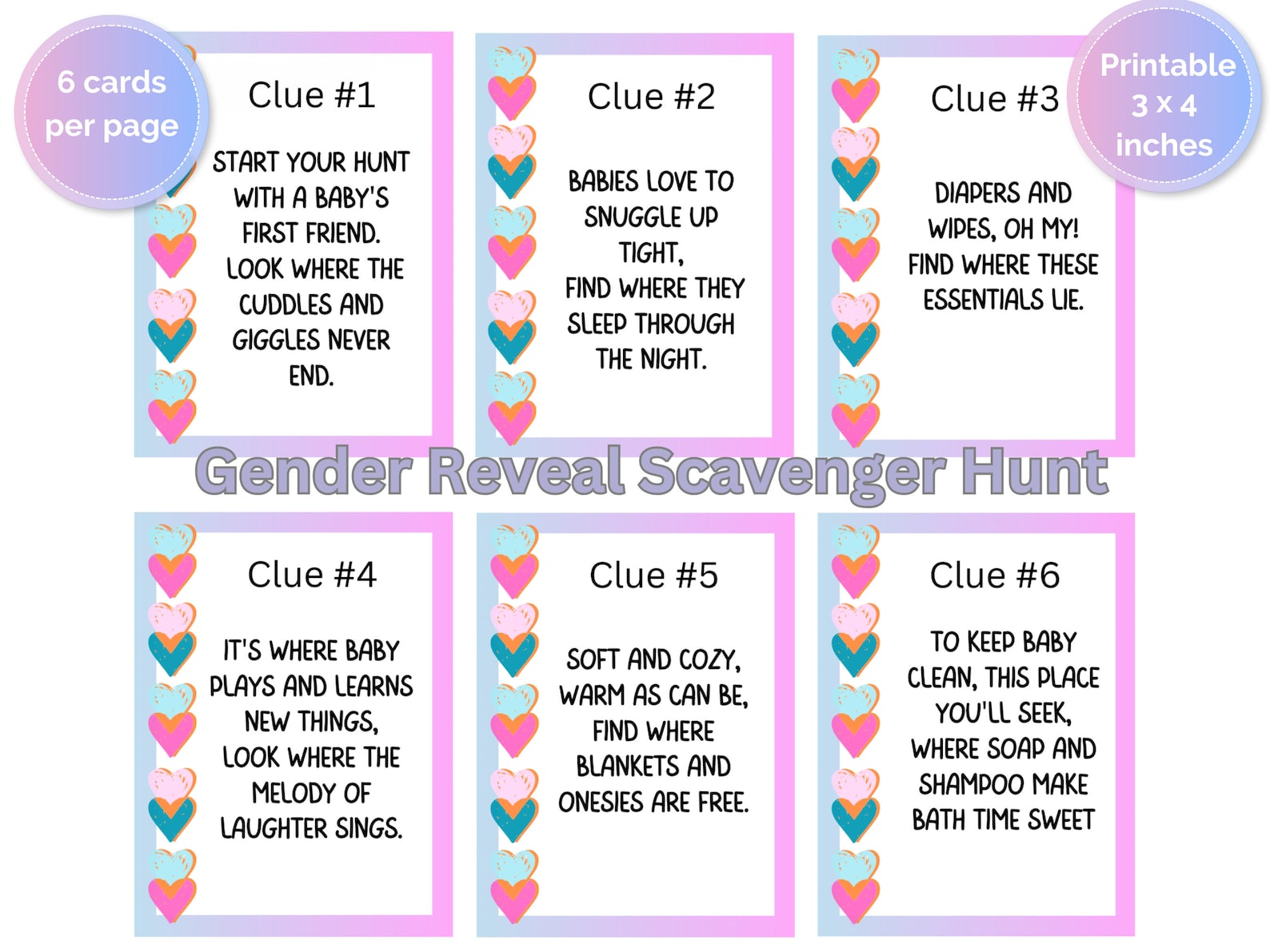 Gender Reveal Scavenger Hunt & Gender Reveal Games, Treasure Hunt Clue ...