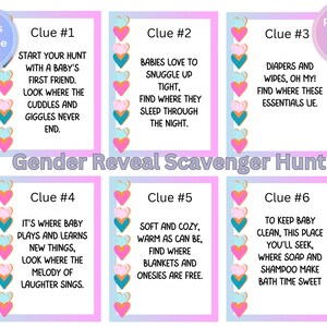 Gender Reveal Scavenger Hunt & Gender Reveal Games, Treasure Hunt Clue ...