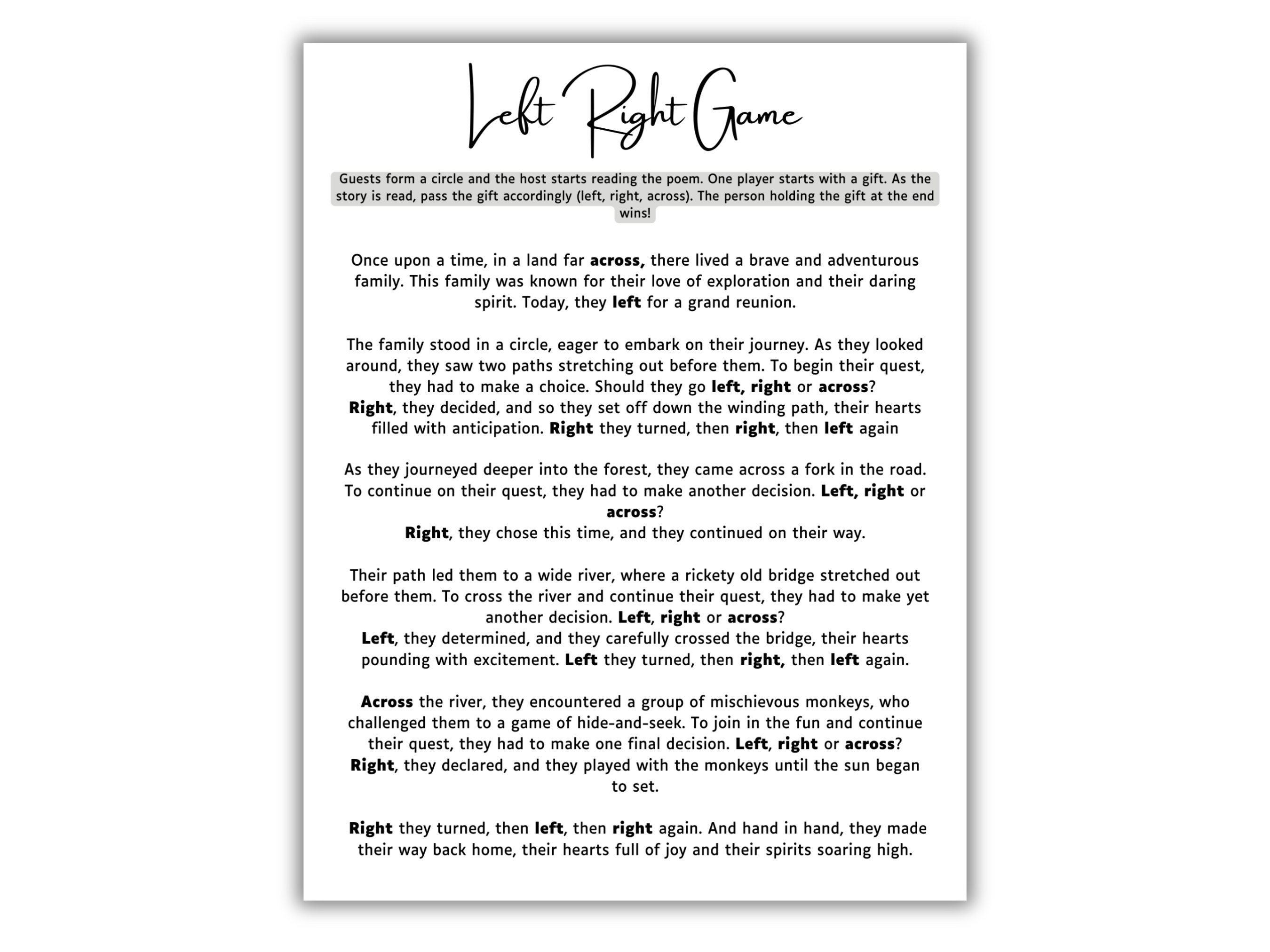 Left Right Game, Right Left Game, Pass the Gift, Family Reunion Games ...