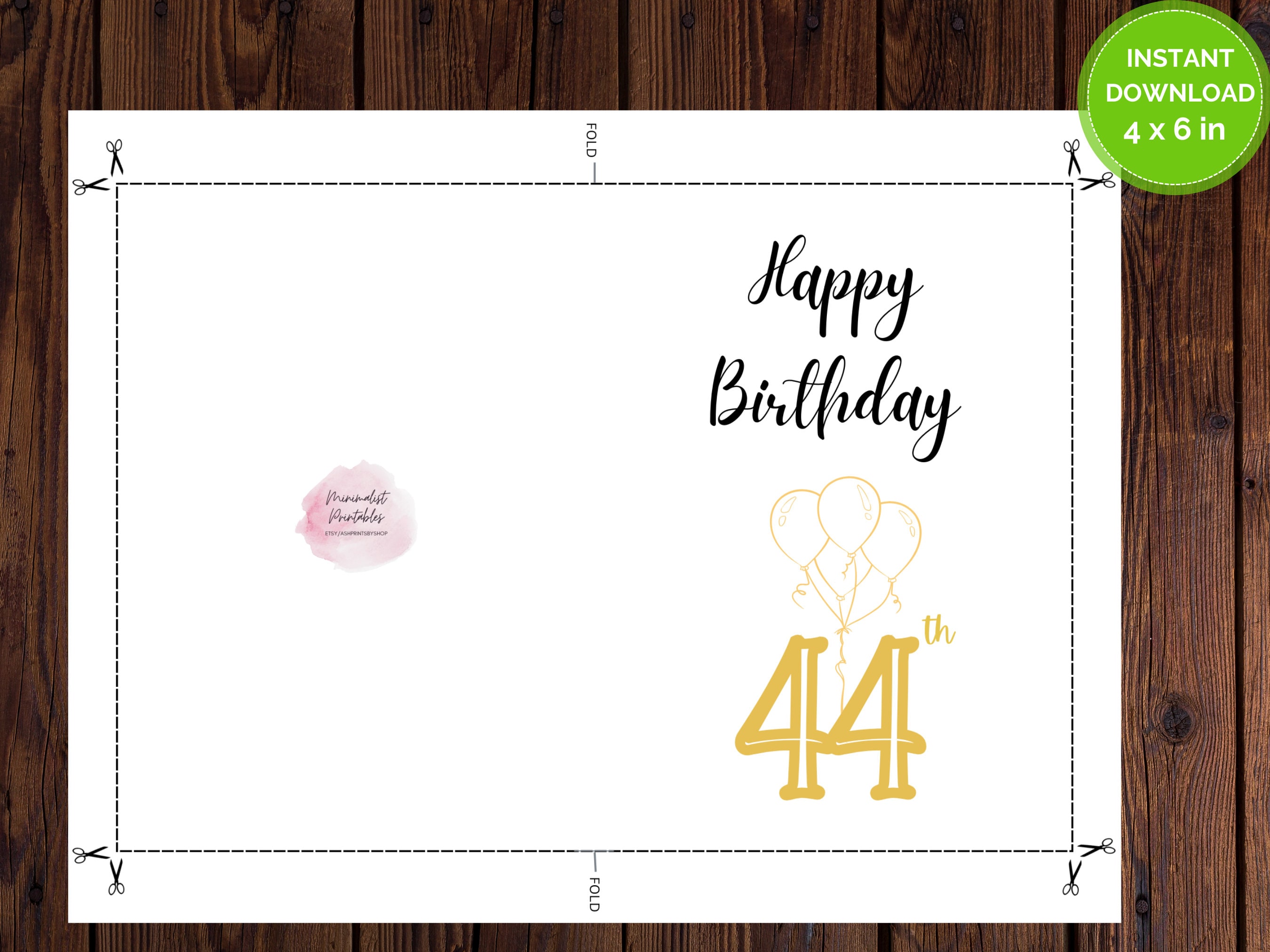 44th Birthday Card Printable Gold Birthday Card for Him Her, 44th ...