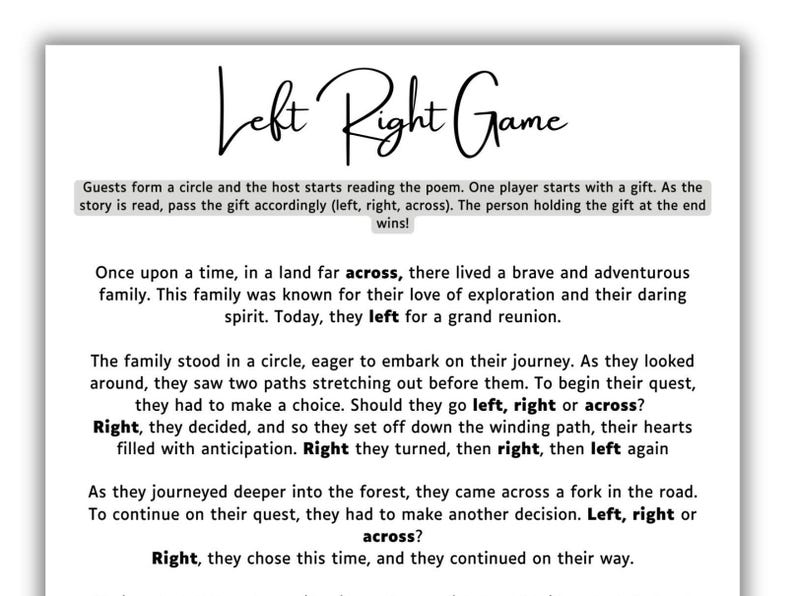Left Right Game, Right Left Game, Pass the Gift, Family Reunion Games ...