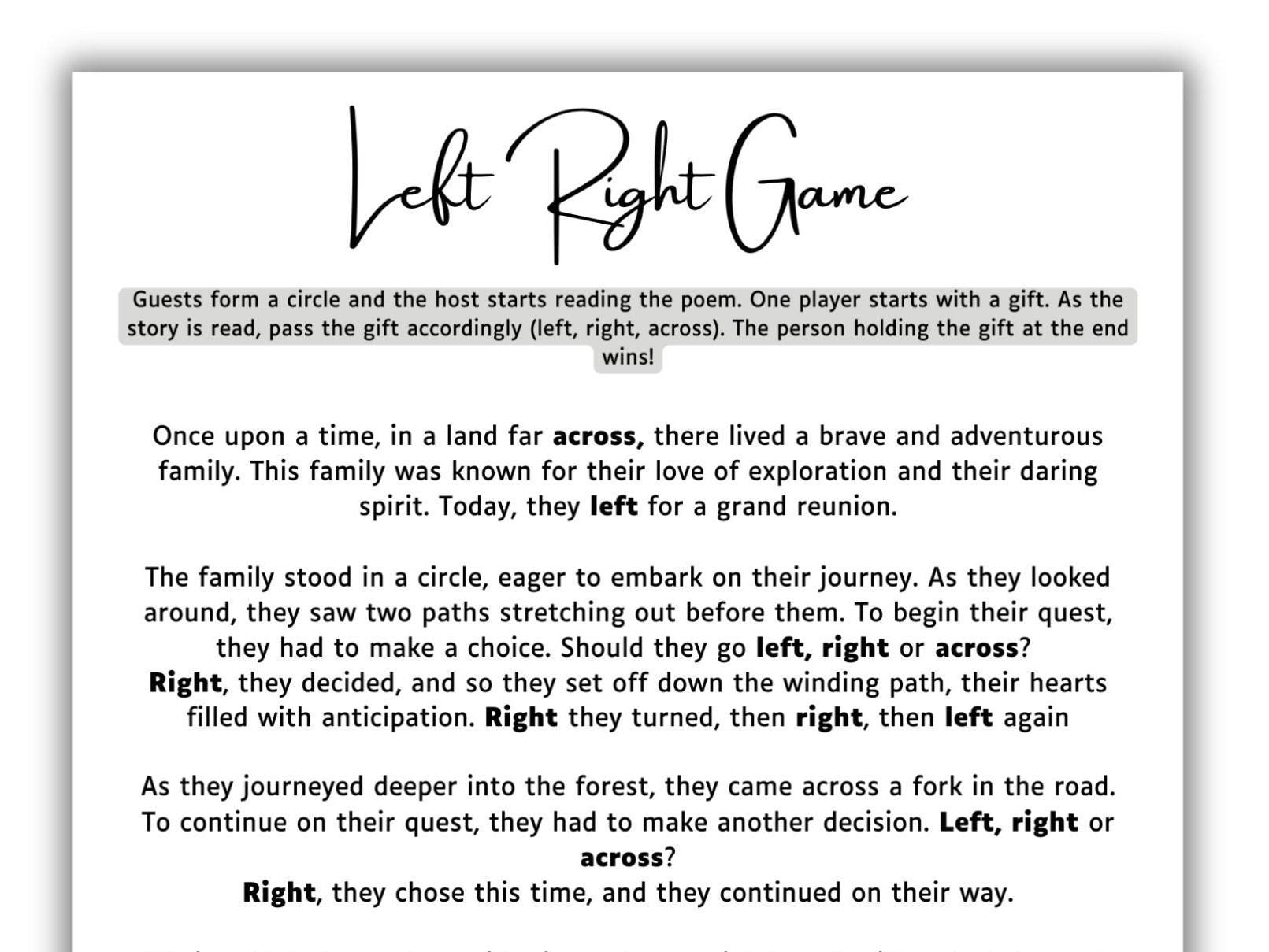 Left Right Game, Right Left Game, Pass the Gift, Family Reunion Games ...