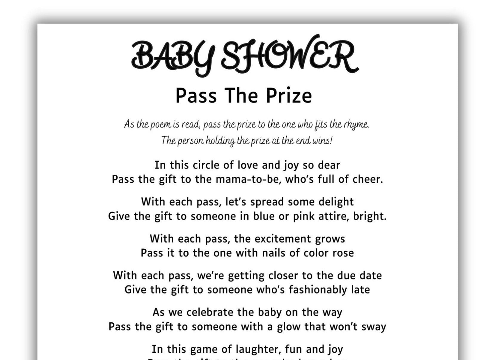 Baby Shower Pass the Prize Game, Left Right Poem, Left Right Game, Pass ...