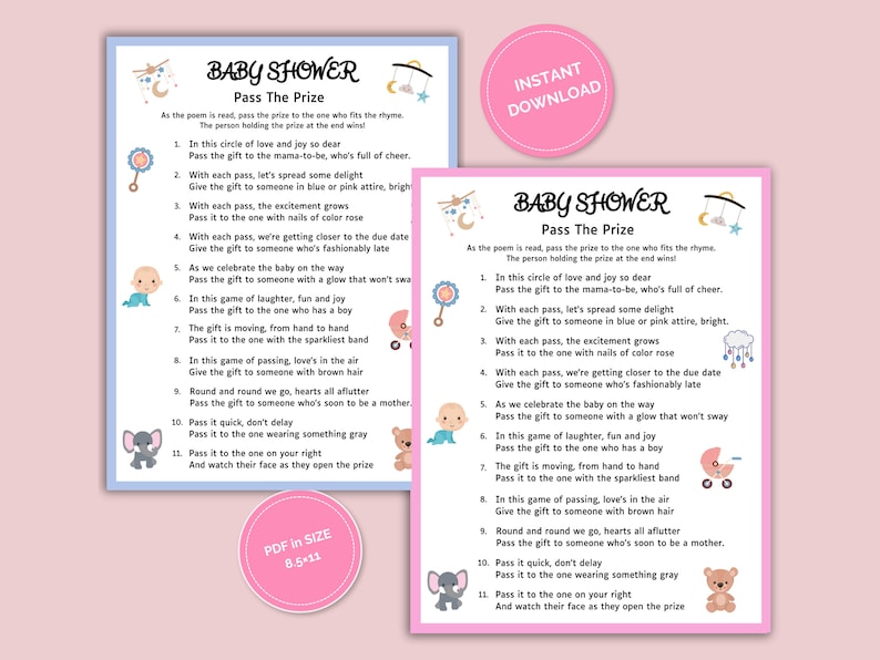 Pass the Prize Game Baby Shower, Blue and Pink Colors Woodland Animals ...