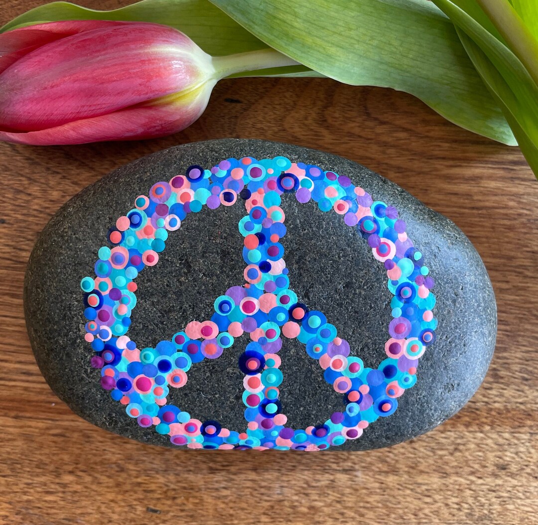 Hand-painted Natural Stone - Peace Sign Blue, Purple and Pink - Etsy