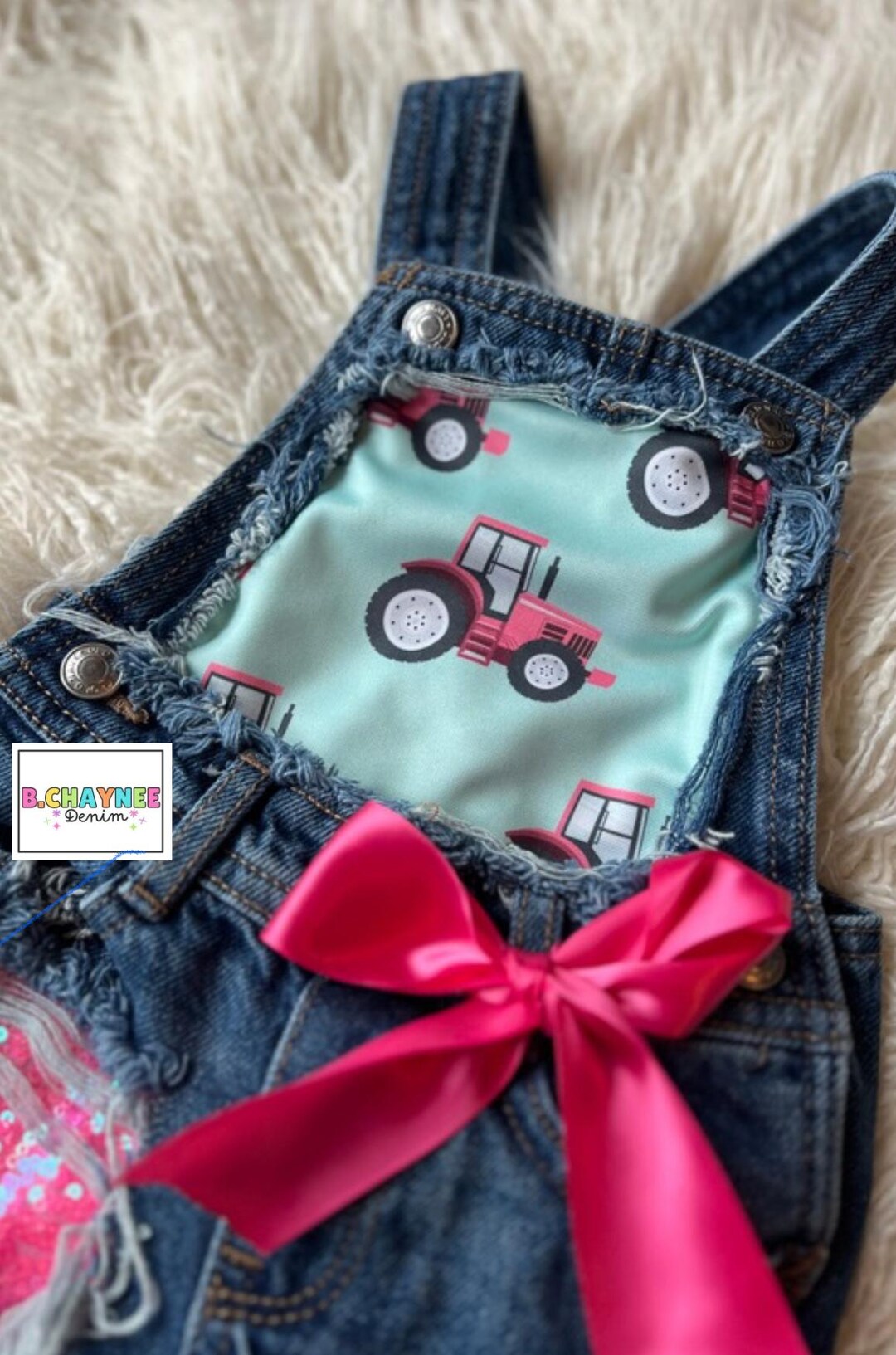Kids Distressed Denim Pink Tractor Overalls - Etsy