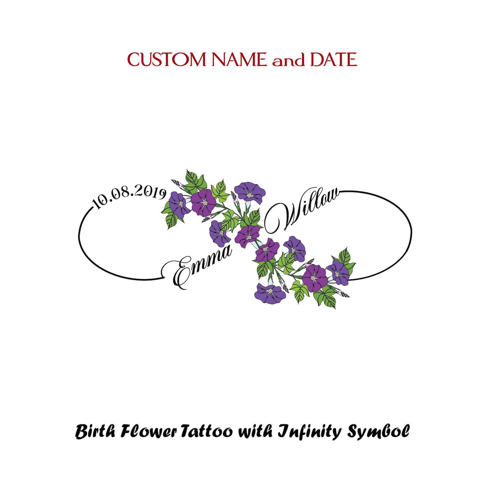 Colourful Birth Flowers Tattoo, Infinity Symbol, Custom Date Design ...
