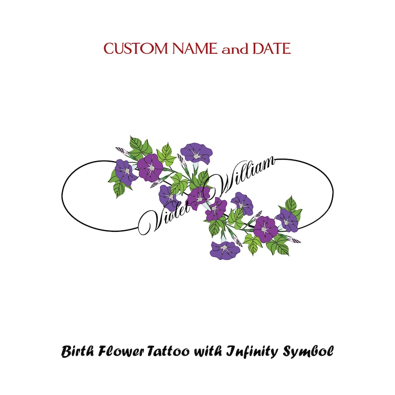 Colourful Birth Flowers Tattoo, Infinity Symbol, Custom Date Design ...