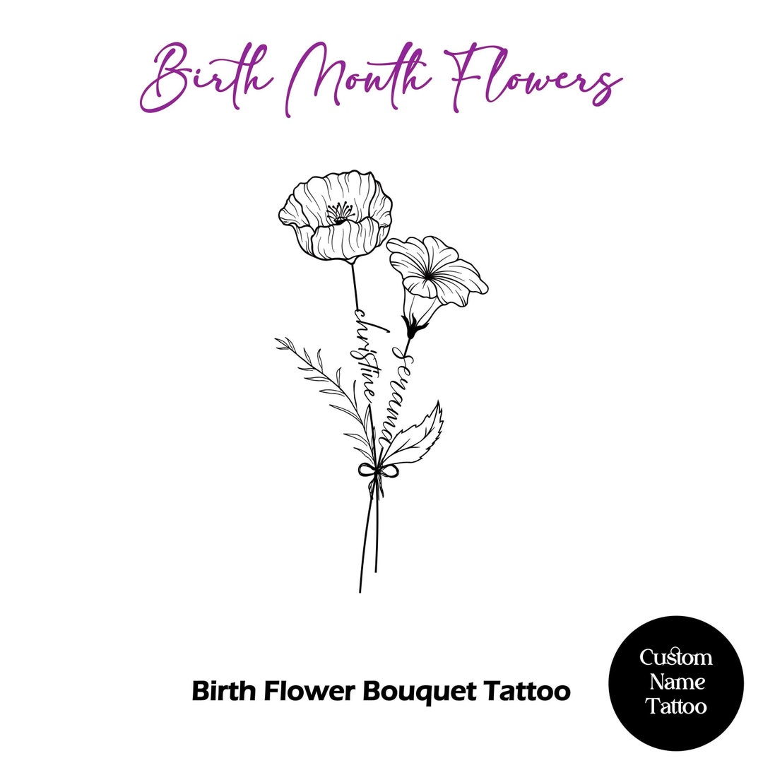Two Birth Month Flowers Tattoo, 2 Birth Flowers and Names, Minimal ...