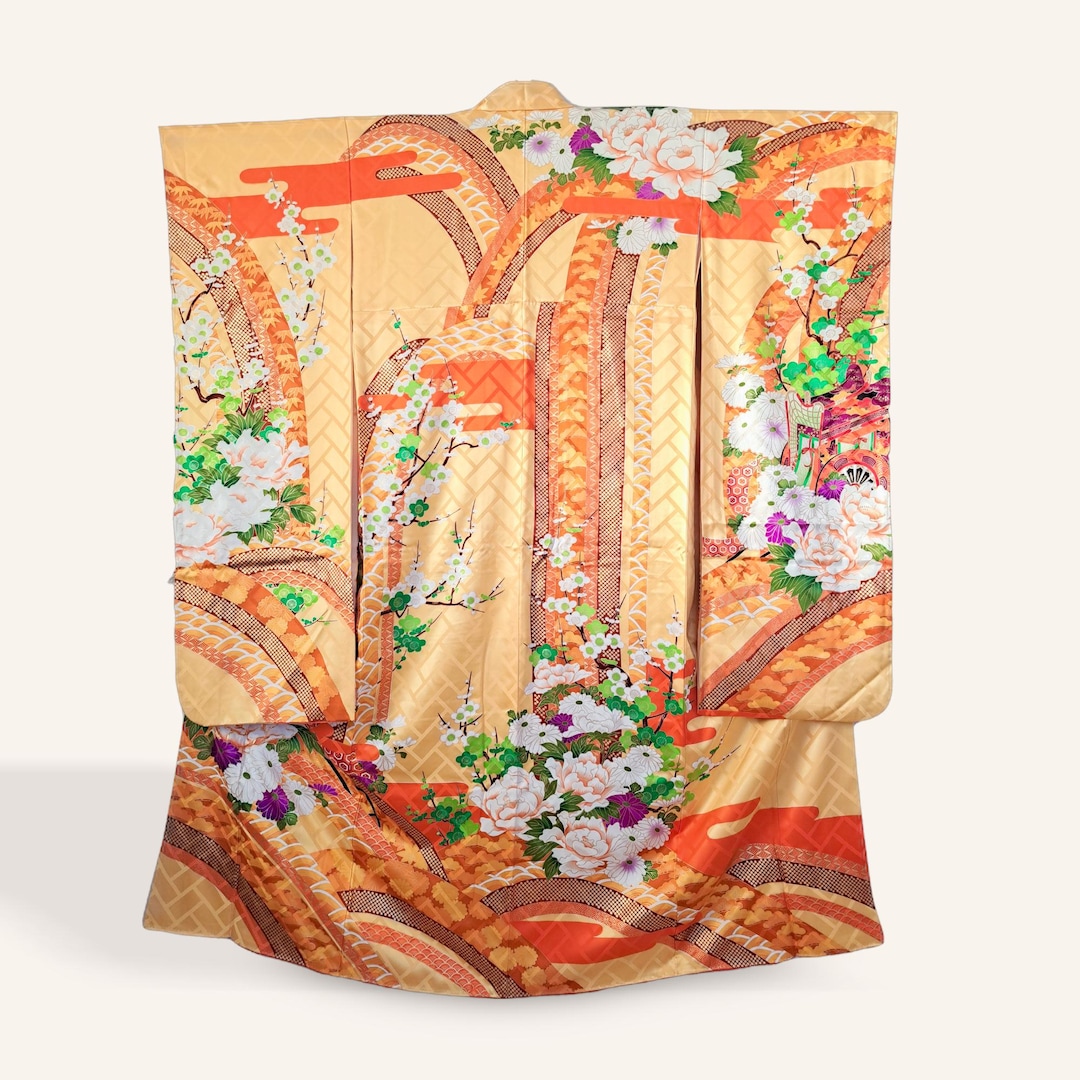 Vintage Japanese Silk Kimono - Furisode With Beautiful Flowers Gold ...