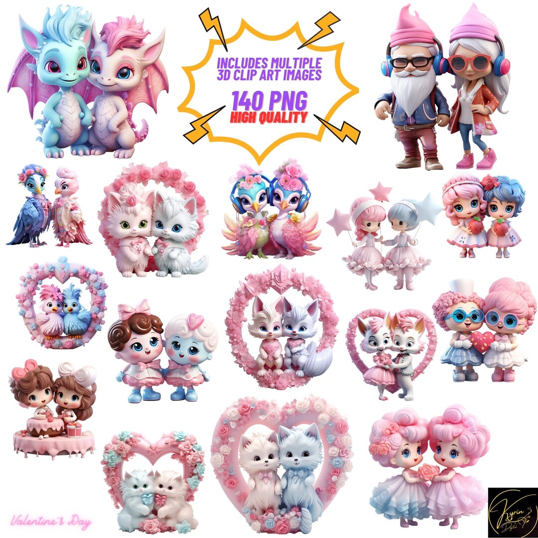 Valentine Day Clipart Bundle, 3D Style Watercolor Pastel, Cartoon ...