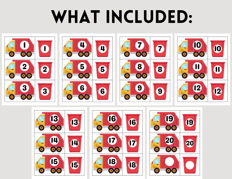 Garbage Truck Numbers Match, Preschool Printable, Preschool Counting ...