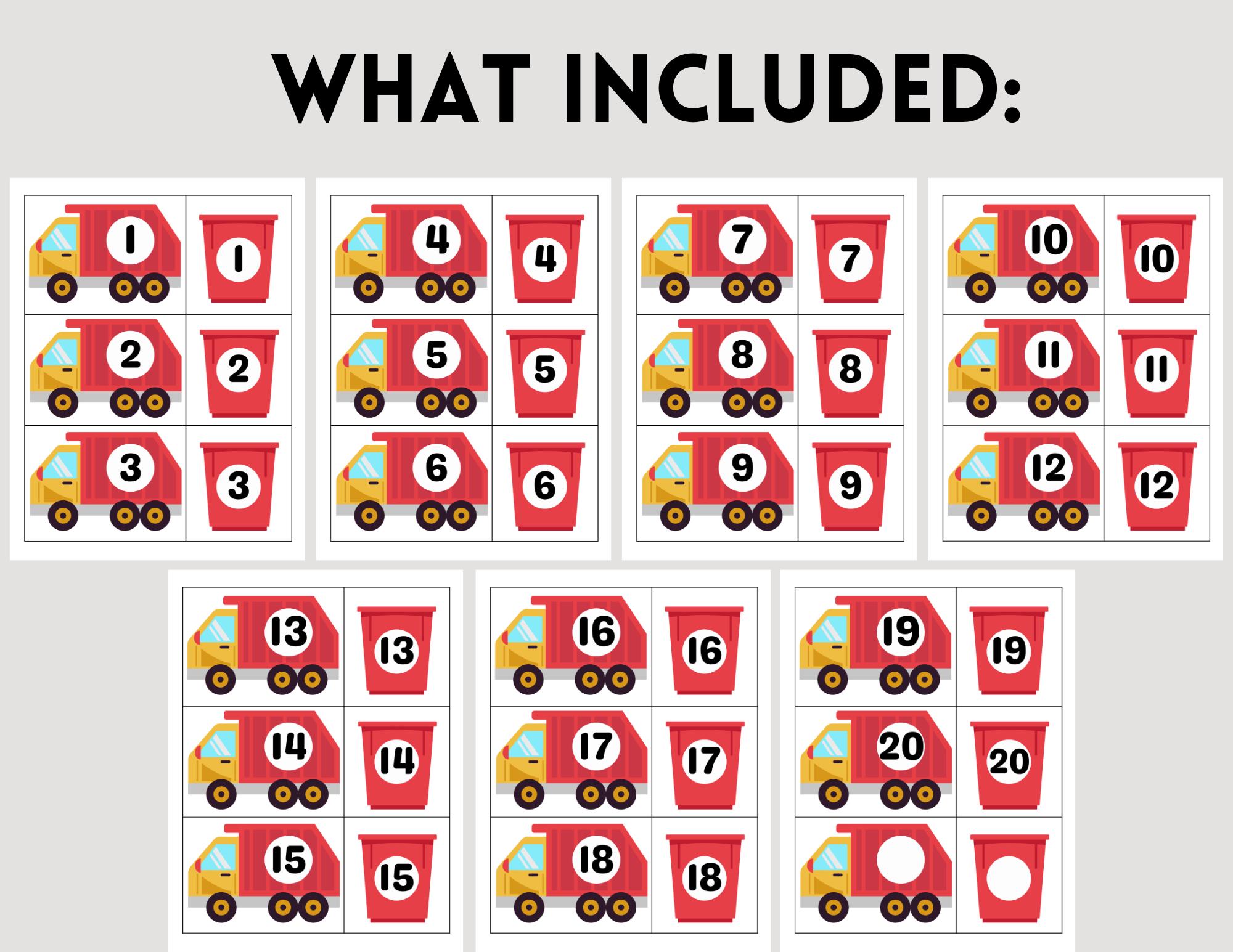 Garbage Truck Numbers Match, Preschool Printable, Preschool Counting ...