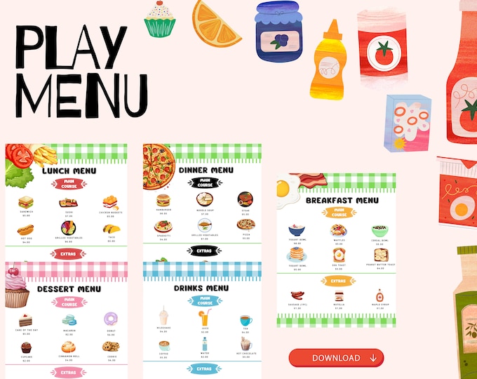 Pretend Play Restaurant Menu Printable, Kids Kitchen Play Menus, Kids ...
