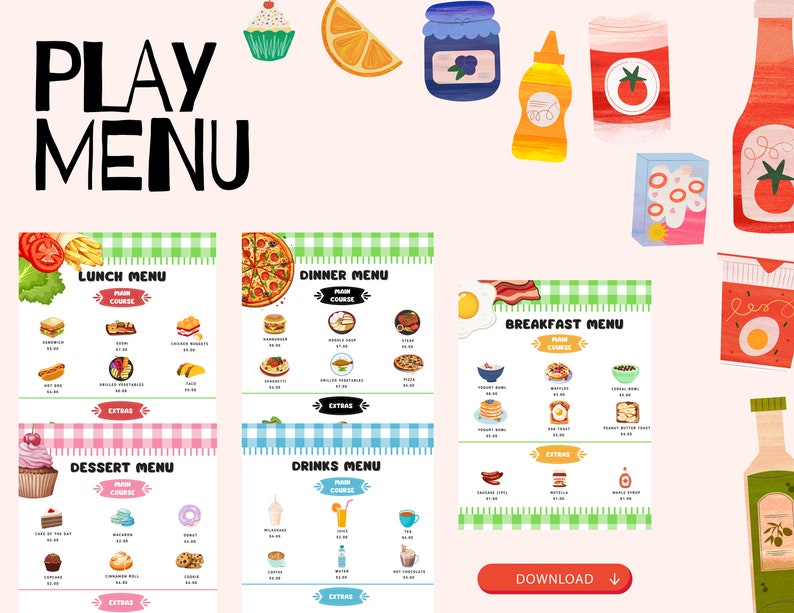 Pretend Play Restaurant Menu Printable, Kids Kitchen Play Menus, Kids ...