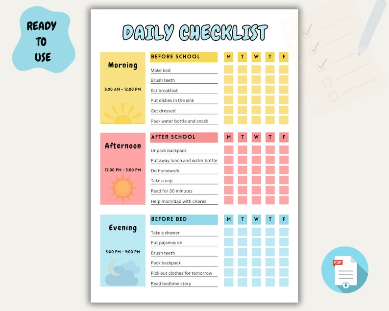 Kids Daily School Checklist Schedule Printable, Chore Chart, Daily ...