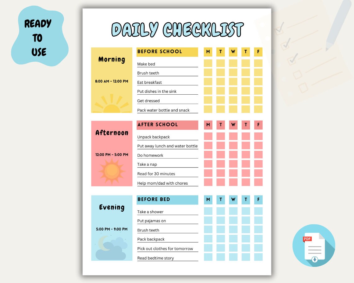 Kids Daily School Checklist Schedule Printable, Chore Chart, Daily ...
