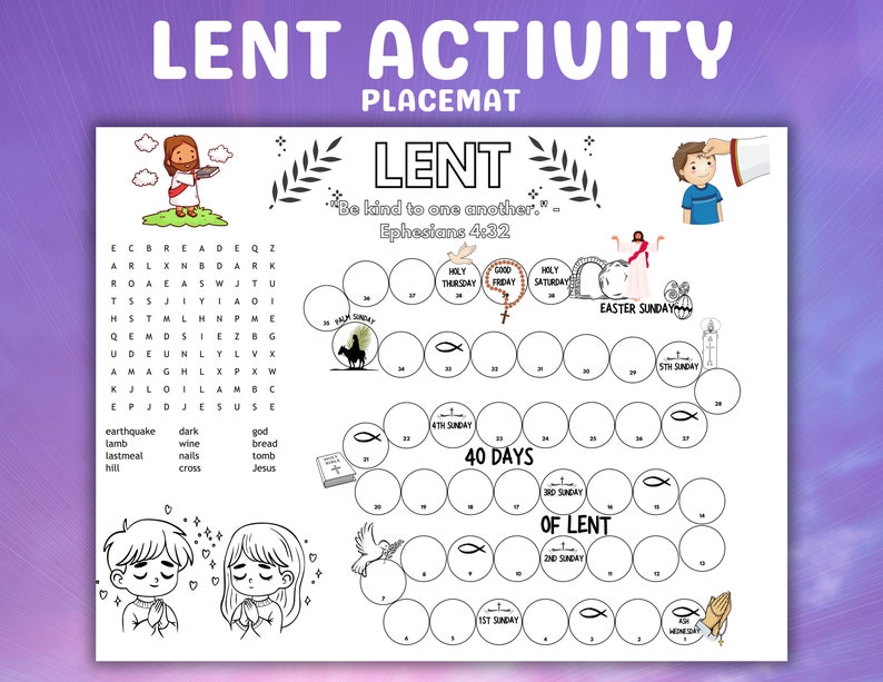 Lent Bible Activity Coloring Placemat, Easter Sunday School Activity ...