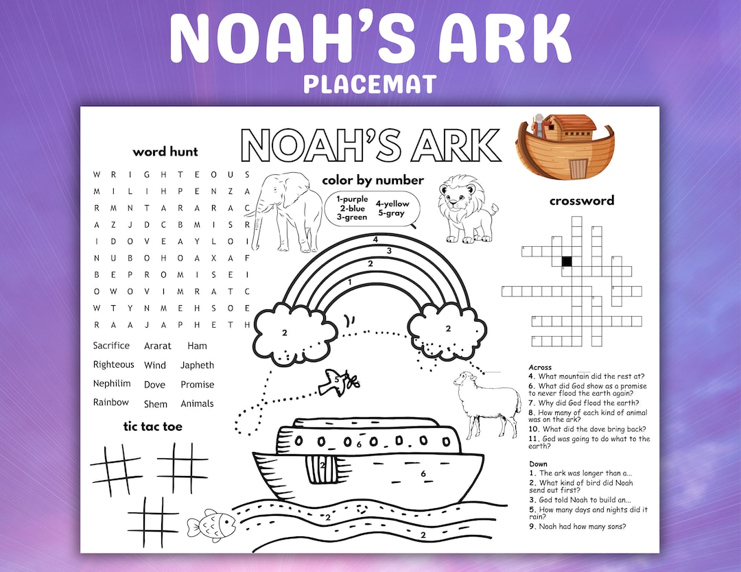 Noah's Ark Bible Stories Activity Placemat Kids Table Coloring Pages ...