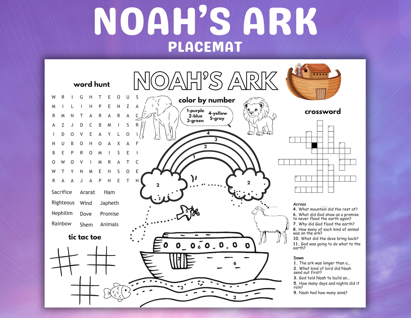Noah's Ark Bible Stories Activity Placemat Kids Table Coloring Pages ...