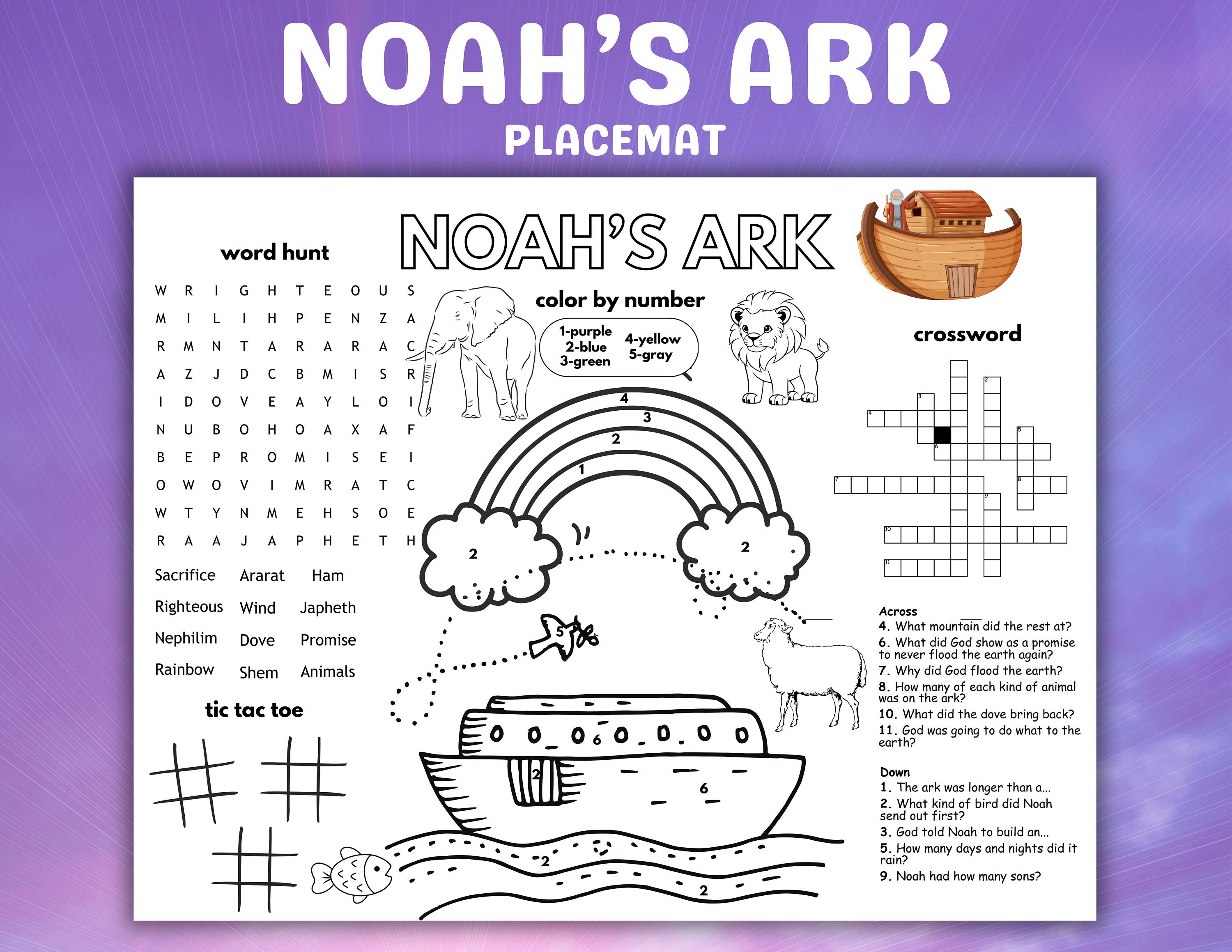Noah's Ark Bible Stories Activity Placemat Kids Table Coloring Pages ...